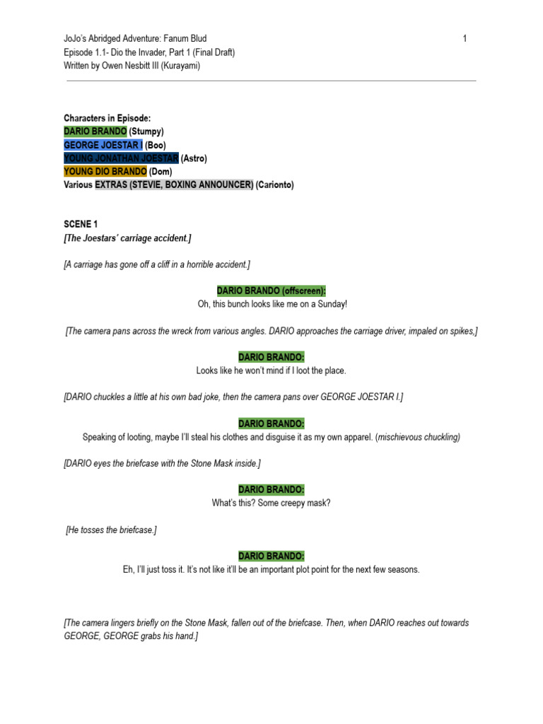 JoJo's Abridged Adventure: Fanum Blud, Episode 1 | PDF