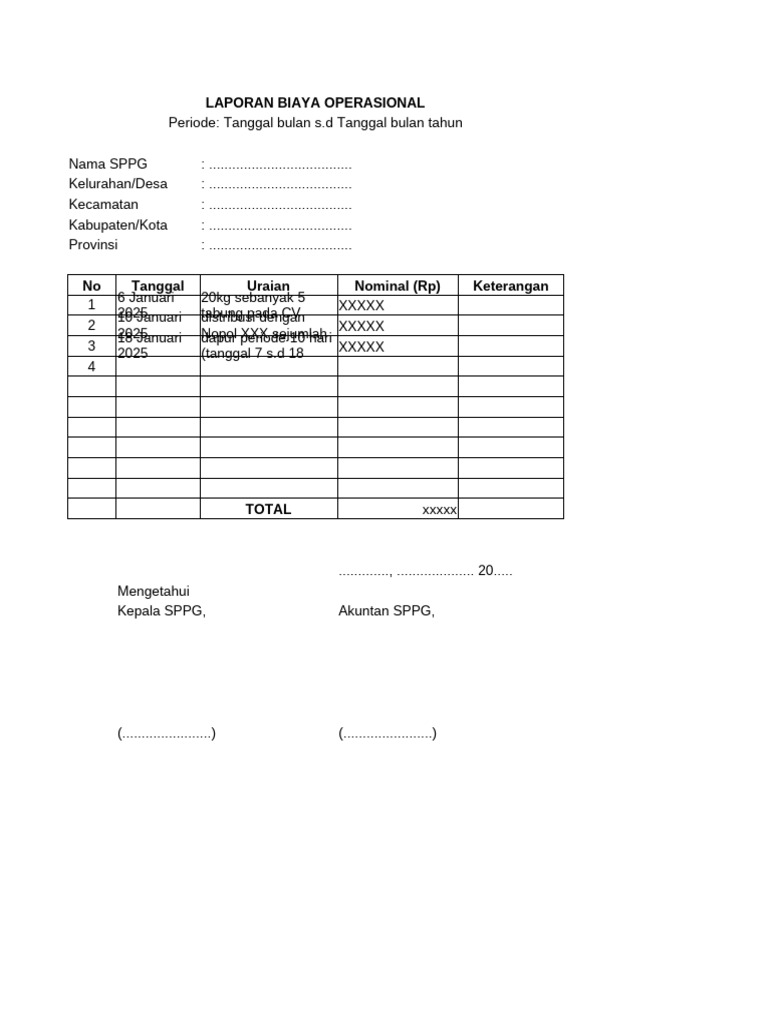Template Laporan Biaya Operasional | PDF
