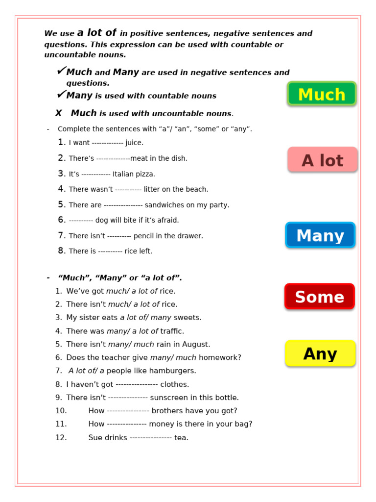 Using Much, Many, and A Lot in English | PDF