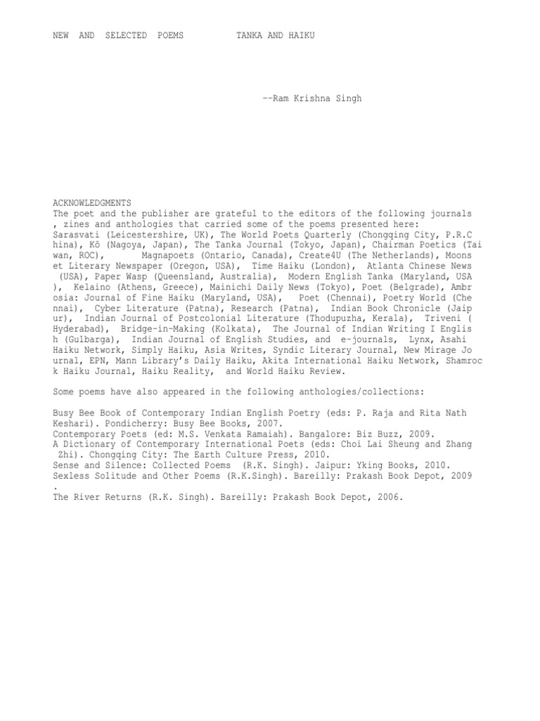 New and Selected Poems Tanka and Haiku | PDF | Hell | Dream