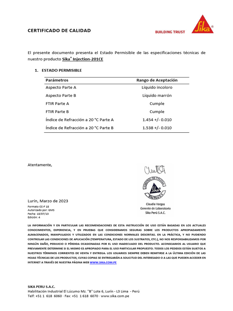 Certificado de Calidad Sika Injection-201 CE | PDF