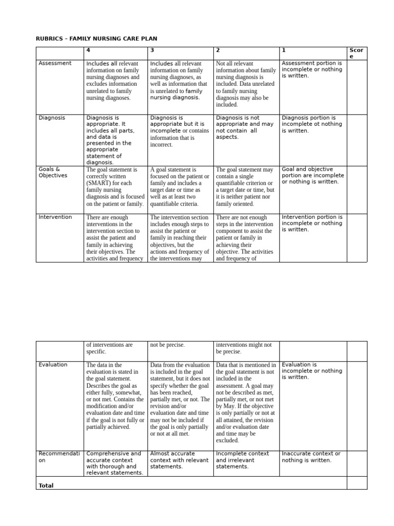 RUBRICS - Family Nursing Care Plan | PDF | Goal | Evaluation