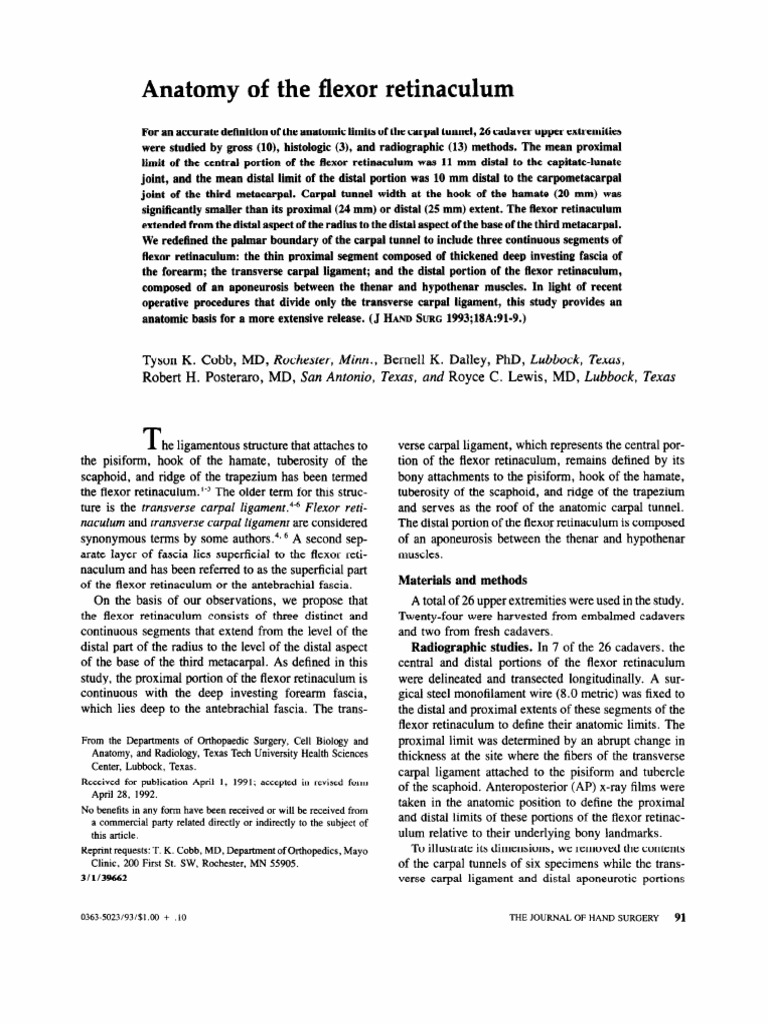(1992) Anatomy of The Flexor Retinaculum | PDF | Hand | Anatomical ...