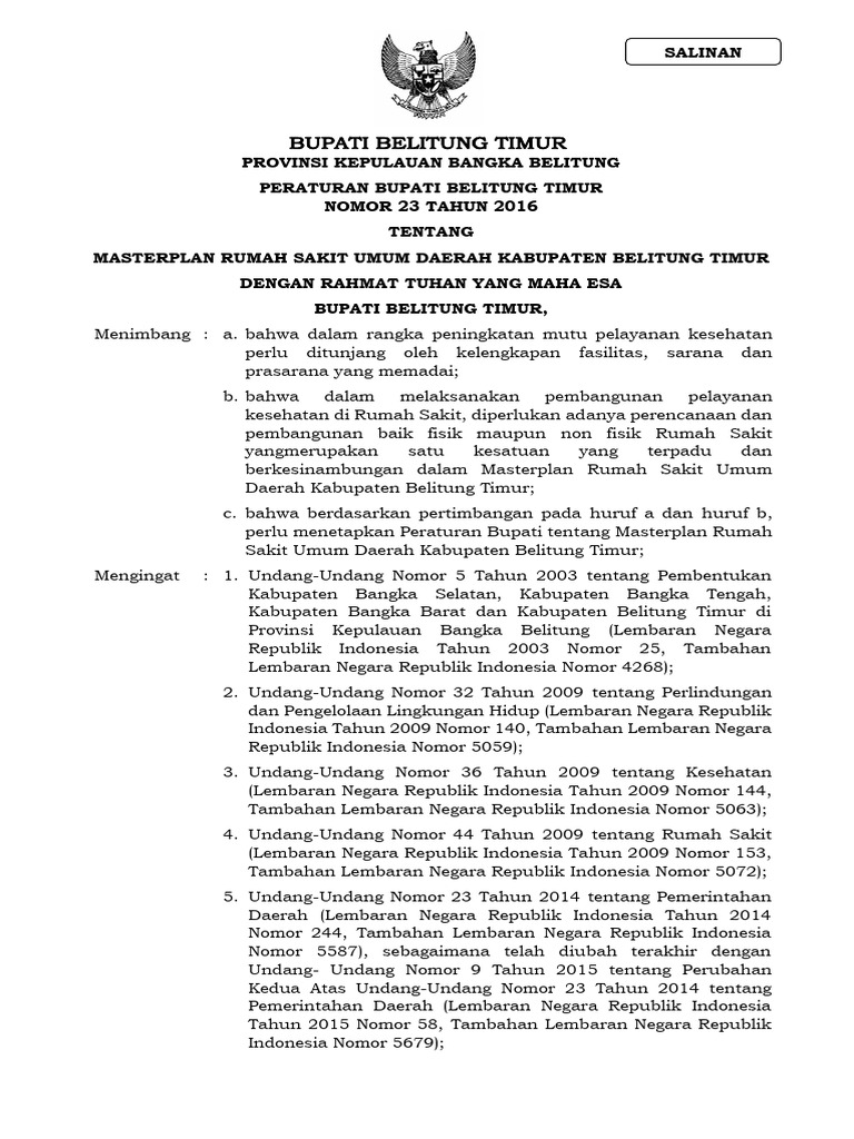 Masterplan RSUD Belitung Timur 2016 | PDF