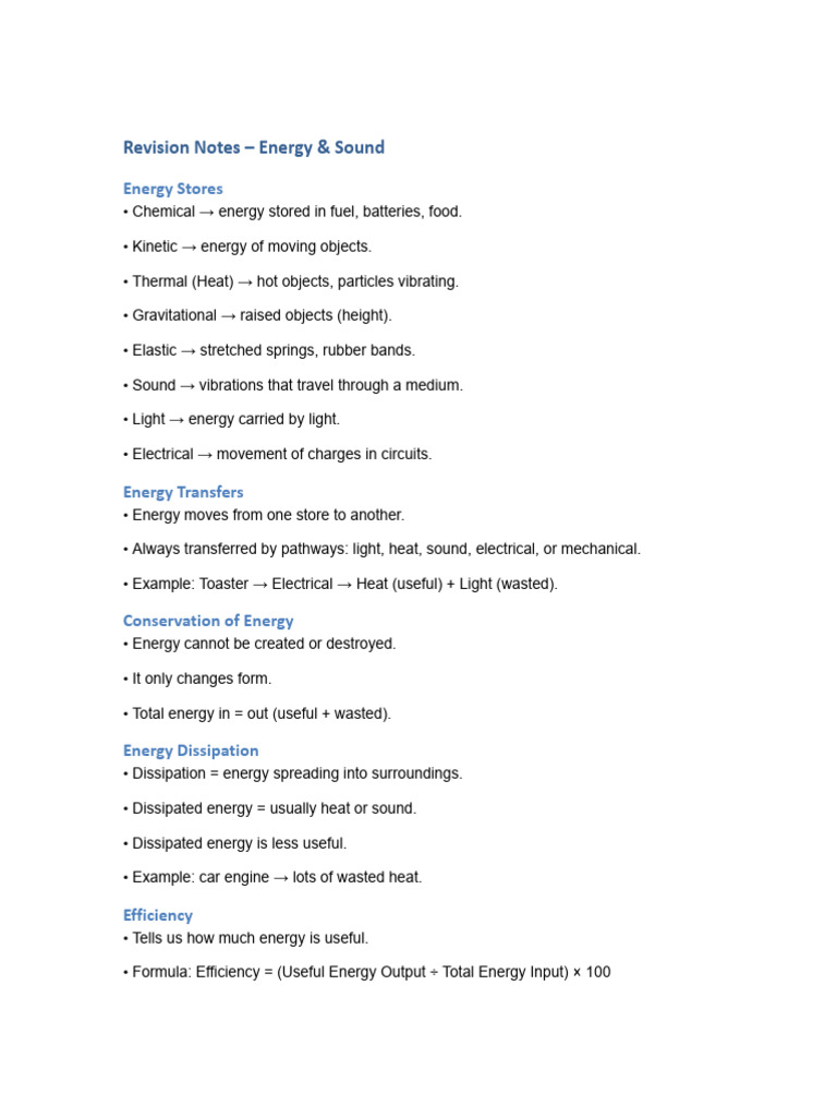 Energy and Sound Revision Notes | PDF