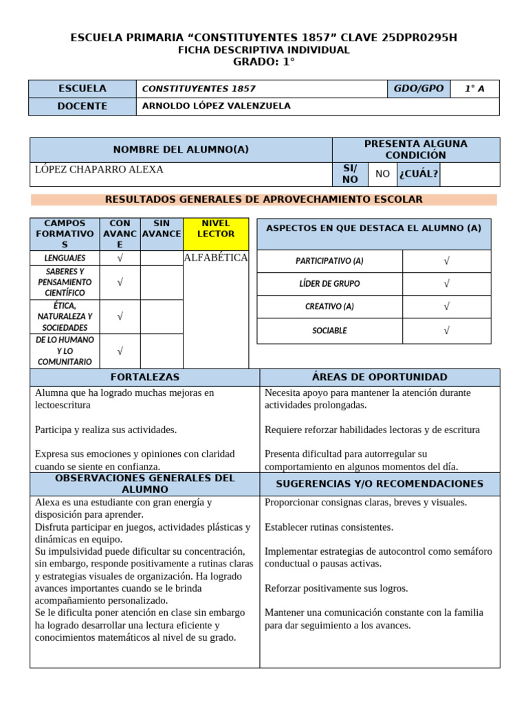 ARNOLDO LÓPEZ VALENZUELA FICHAS DESCRIPTIVAS INDIVIDUALES 1ro 2do y 3ro | PDF | Educación ...