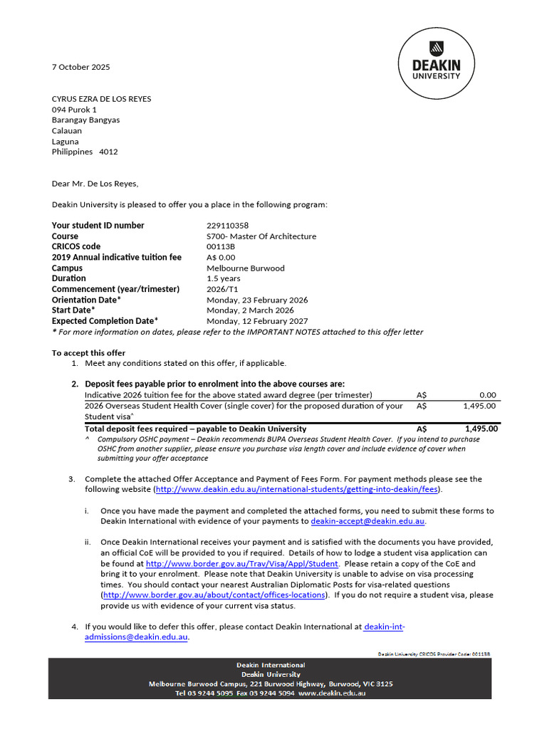 Deakin University Offer Acceptance Guide | PDF | Cost Of Living