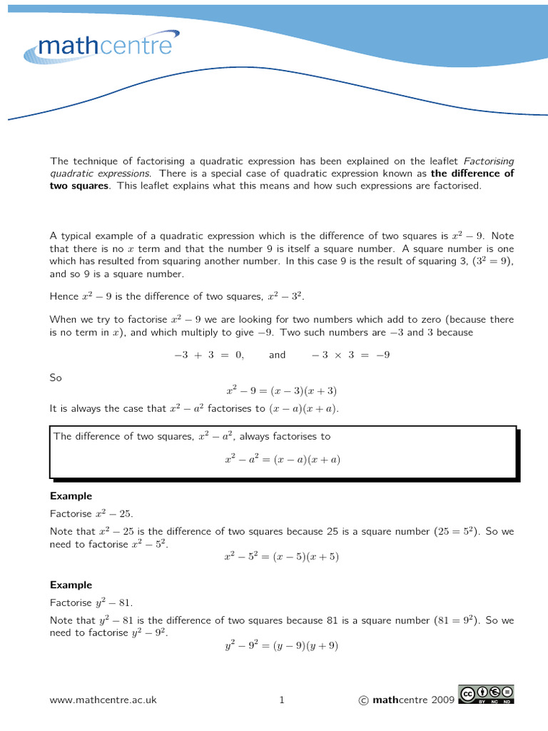 Factorising The Difference of Two Squares | PDF | Mathematics ...
