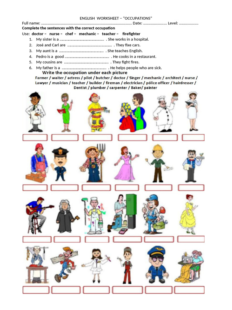 English Worksheet - Occupations | PDF