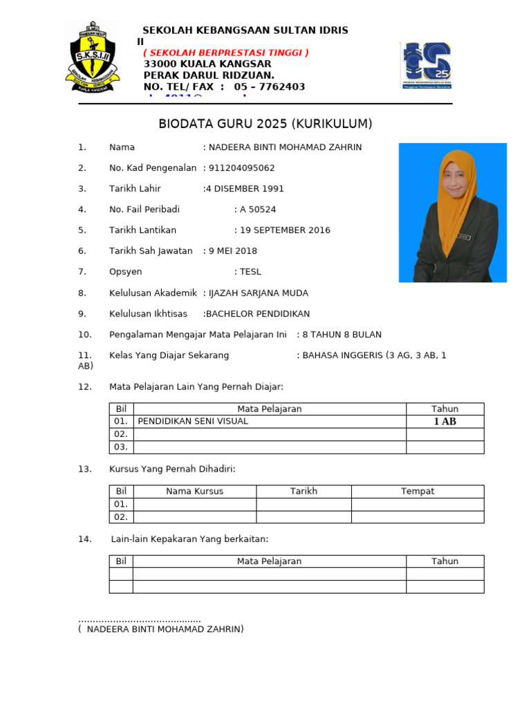 Biodata Guru (Kurikulum) 2024 | PDF