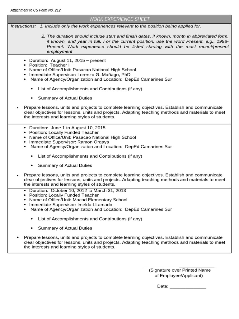Work Experience Sheet for Teachers | PDF | Teachers | Teaching Method