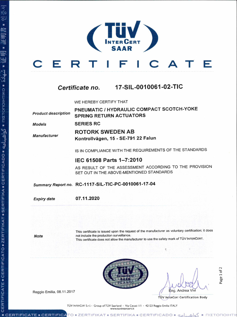 SIL RC-Series Spring Return Pneumatic Hydraulic IEC 61508 Part 1-72010 ...