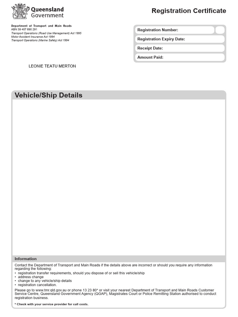 QLD Vehicle Registration Certificate Details | PDF