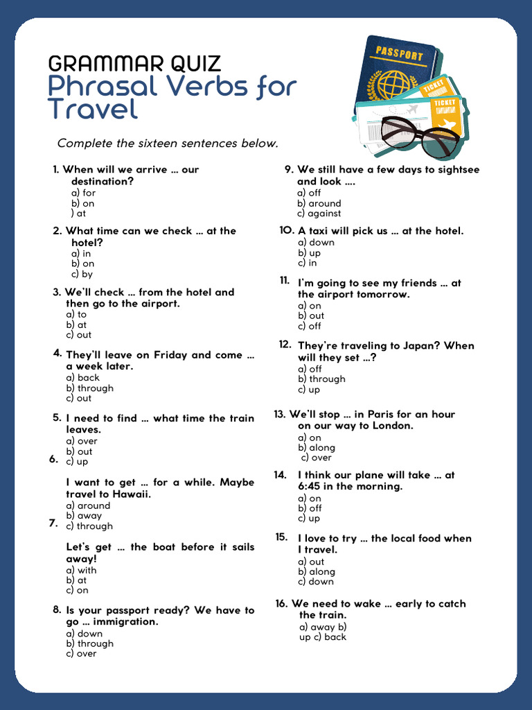 GRAMMAR QUIZ - Phrasal Verbs For Travel - Worksheet PDF | PDF | Chess ...