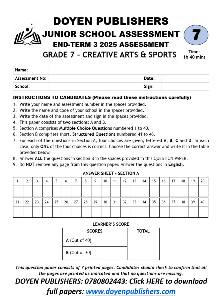 Grade 7 Creative Arts Term 3 Assessment | PDF | Drawing