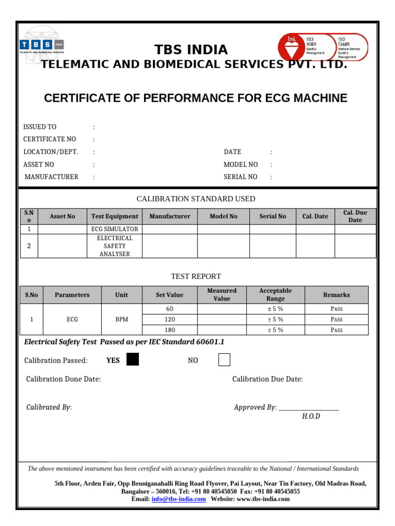 ECG Machine Performance Certificate | PDF | Calibration | Metrology