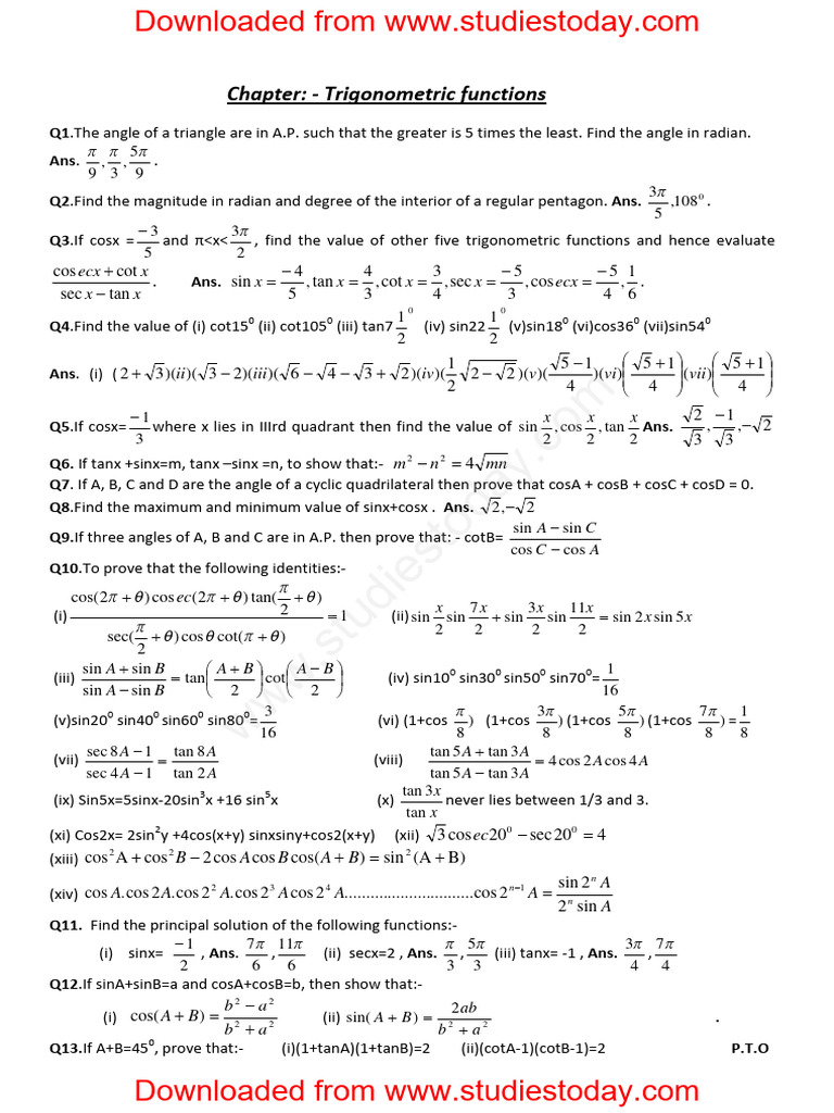CBSE Class XI Trigonometry Assignment 6 | PDF | Trigonometry | Euclid