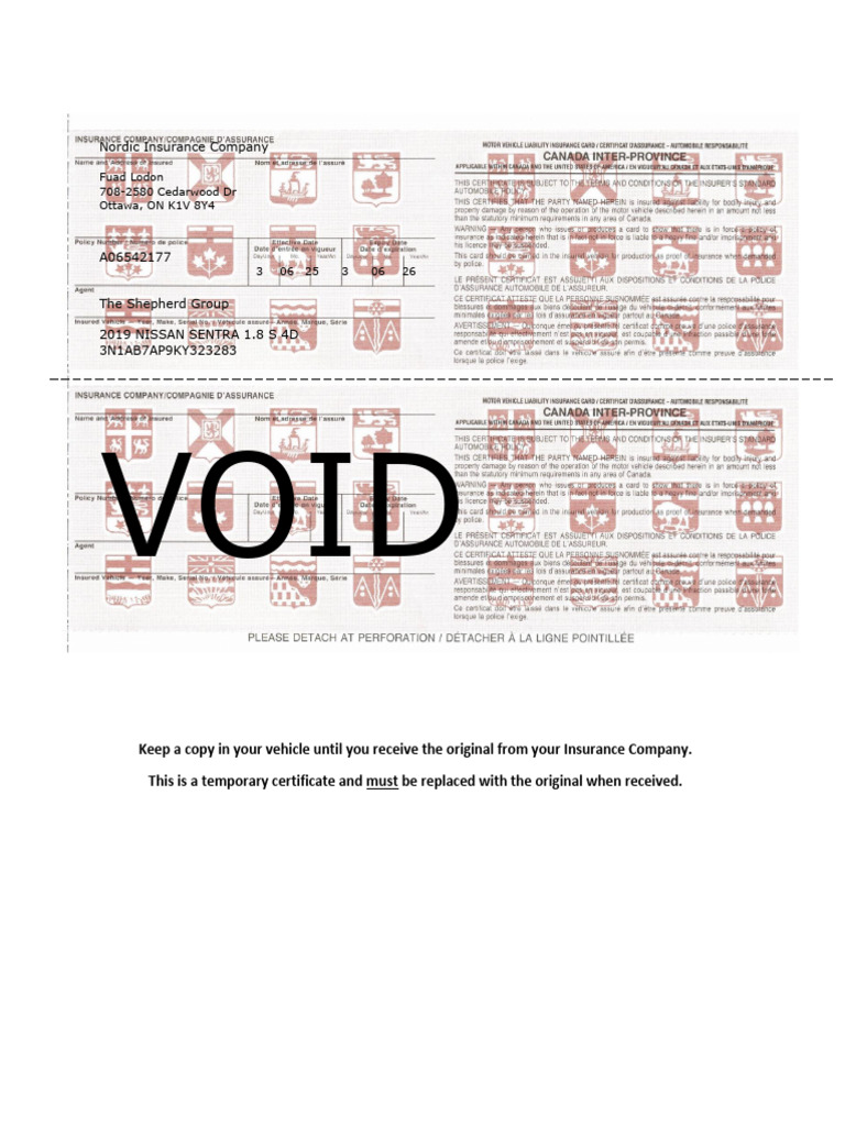 Temporary Insurance Certificate for Nissan | PDF