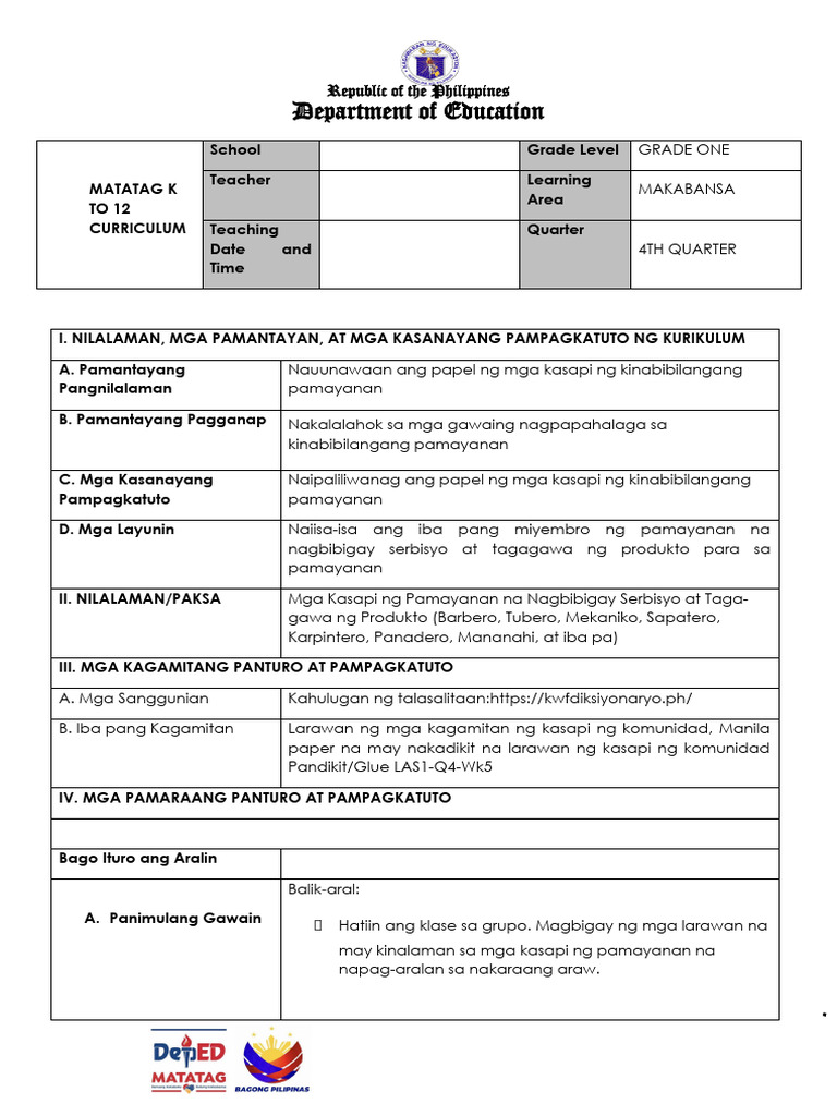 Makabansa Lesson Plan Matatag With Indicators and Annotations | PDF