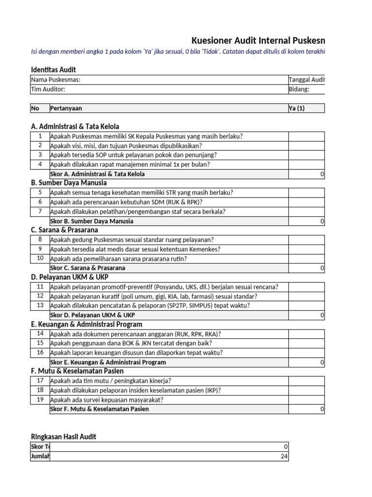 Kuesioner Audit Internal Puskesmas | PDF