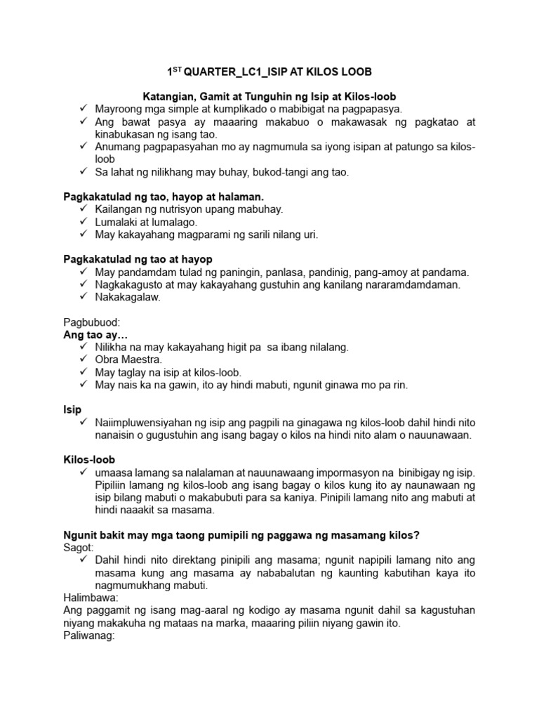 LC 1 - Isip at Kilos Loob | PDF
