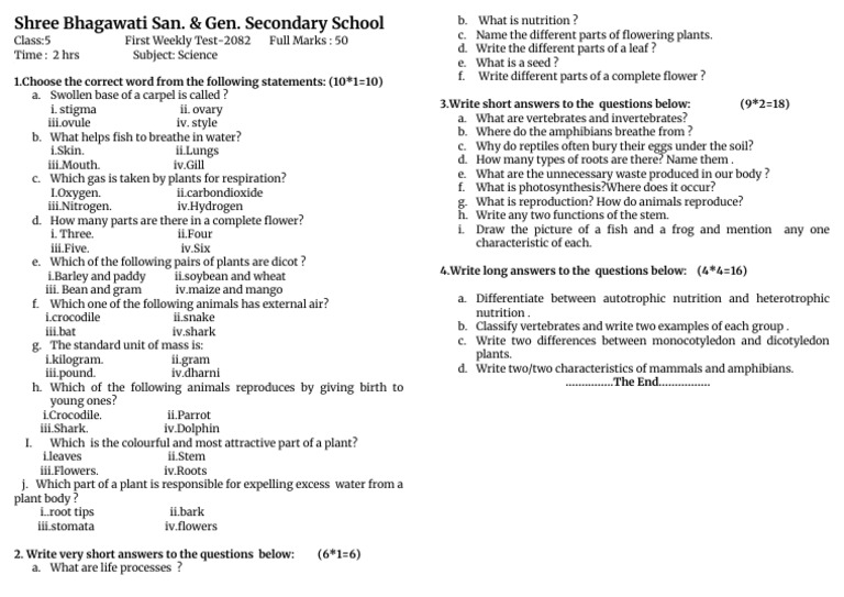 Class 5 Science Weekly Test 2082 | PDF | Flowers | Plants