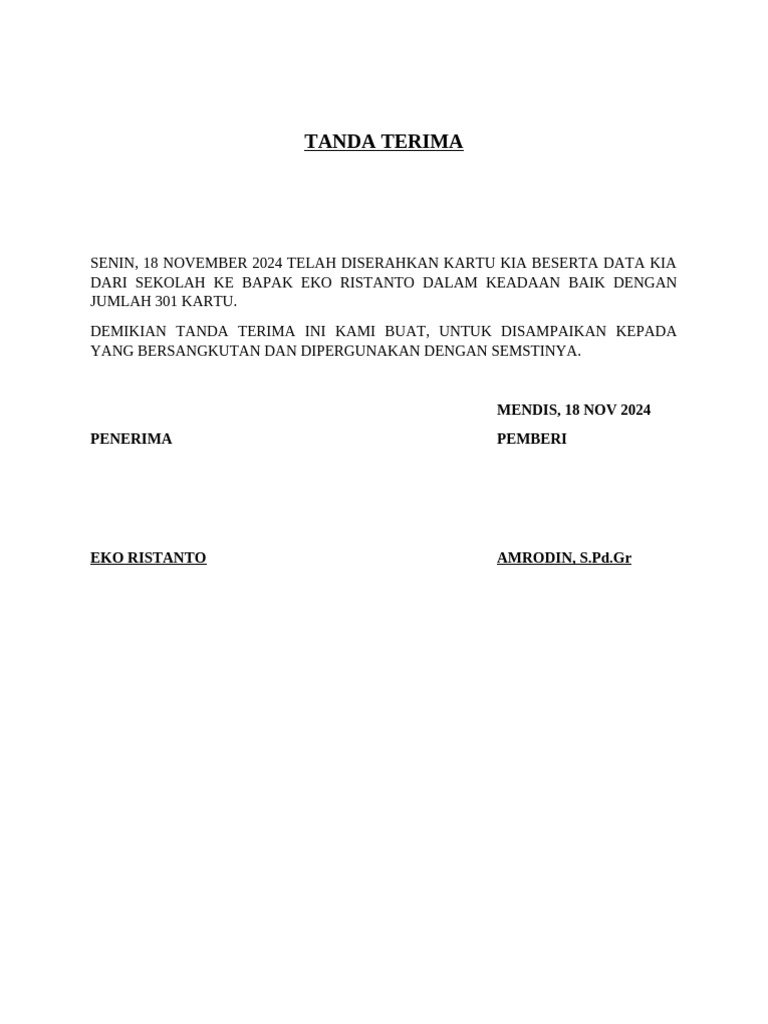 Tanda Terima Kartu KIA 301 Unit | PDF