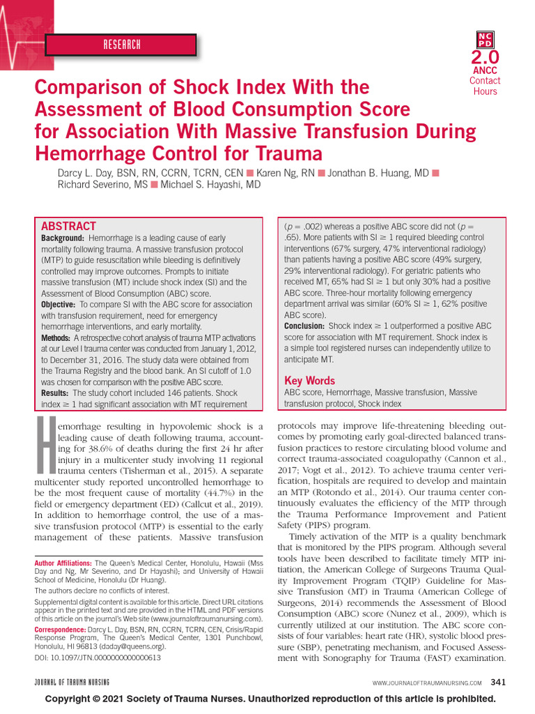ABC Score vs. Shock Index in Trauma | PDF | Blood Transfusion | Bleeding