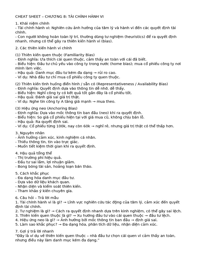 Cheat Sheet Chuong 8 Tai Chinh Hanh Vi v2 | PDF