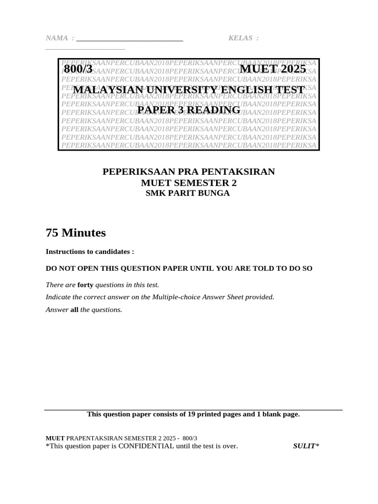 Muet Pre-Test Sem 2 2025 Reading | PDF