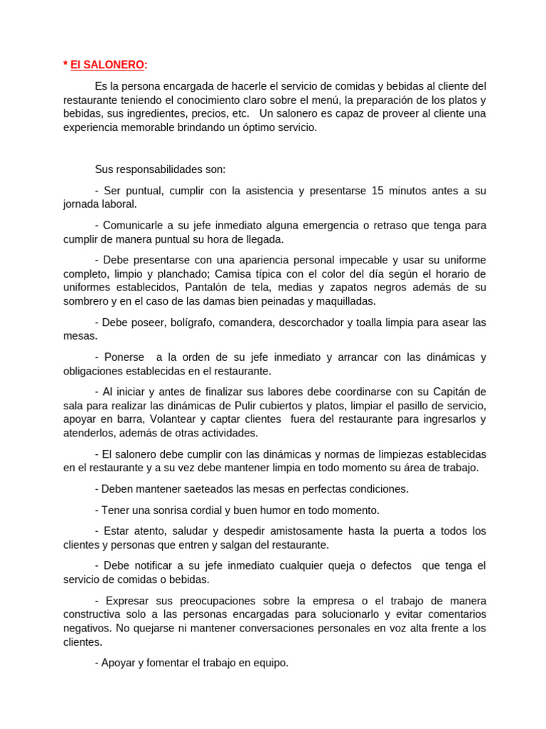 Funciones de El Salonero | PDF | Restaurantes