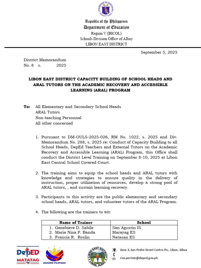 ARAL Program Training Memo | PDF