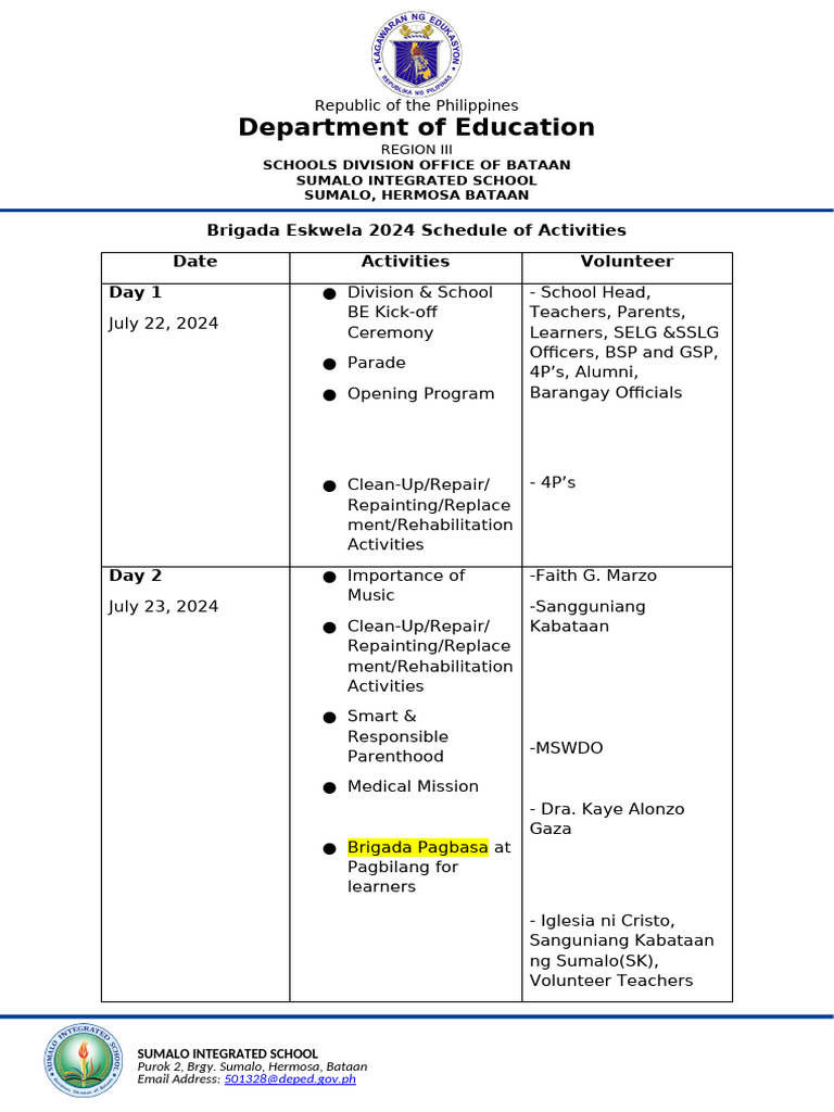 Brigada Eskwela 2024 Sked of Activities | PDF | Philippines