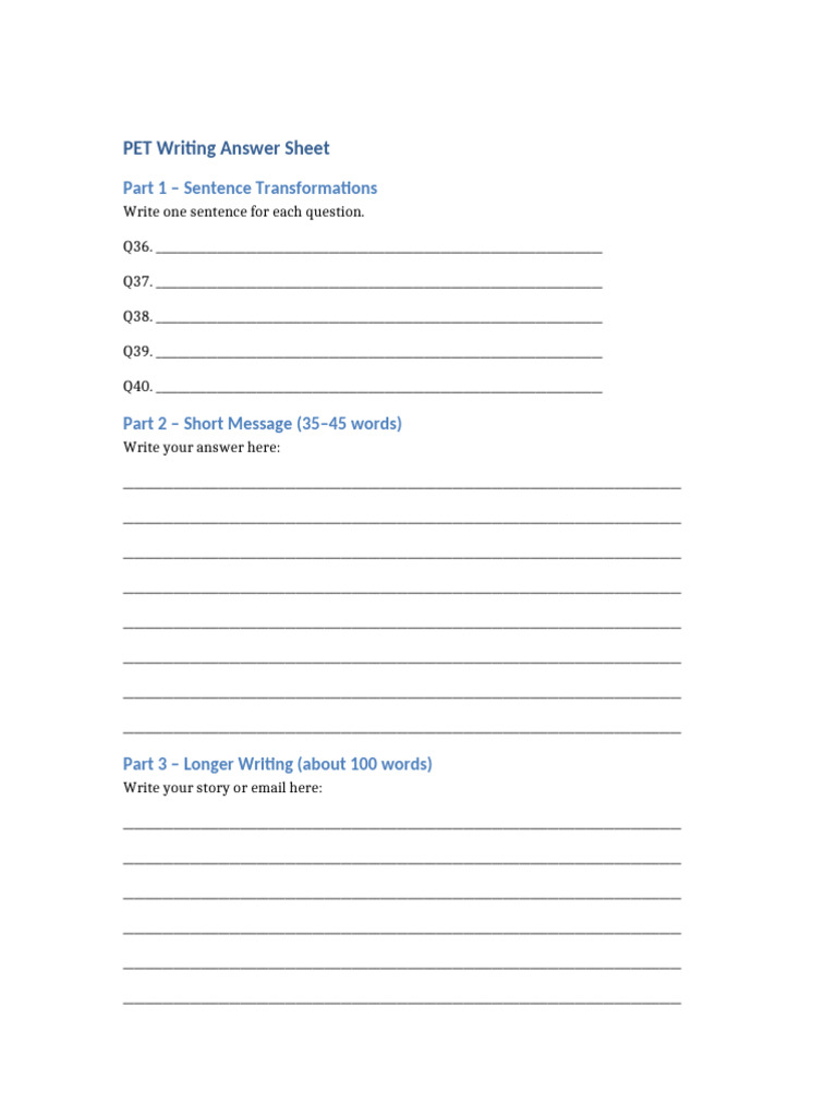 PET Writing Answer Sheet | PDF