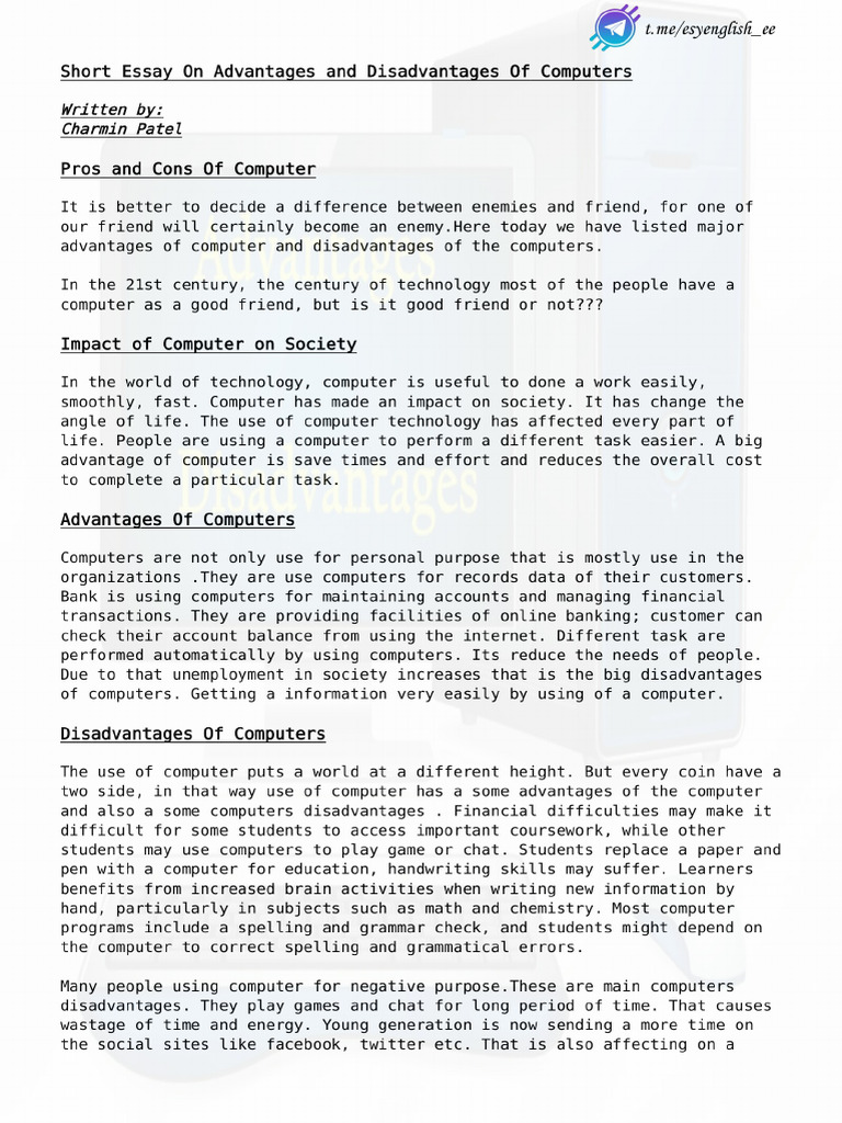 Short Essay on Advantages and Disadvantages of Computers | PDF