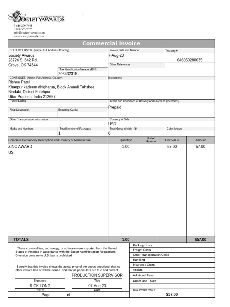 Commercial Invoice CERTIFICATE 8.7.22 - Rishee Patel | PDF | Economies ...