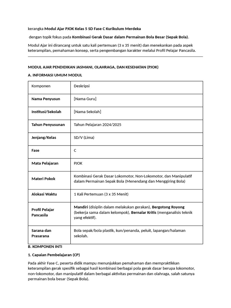 Modul Ajar PJOK Kelas 5: Sepak Bola | PDF