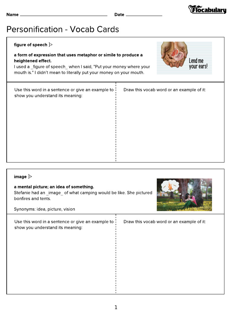 Personification Vocab Cards | PDF