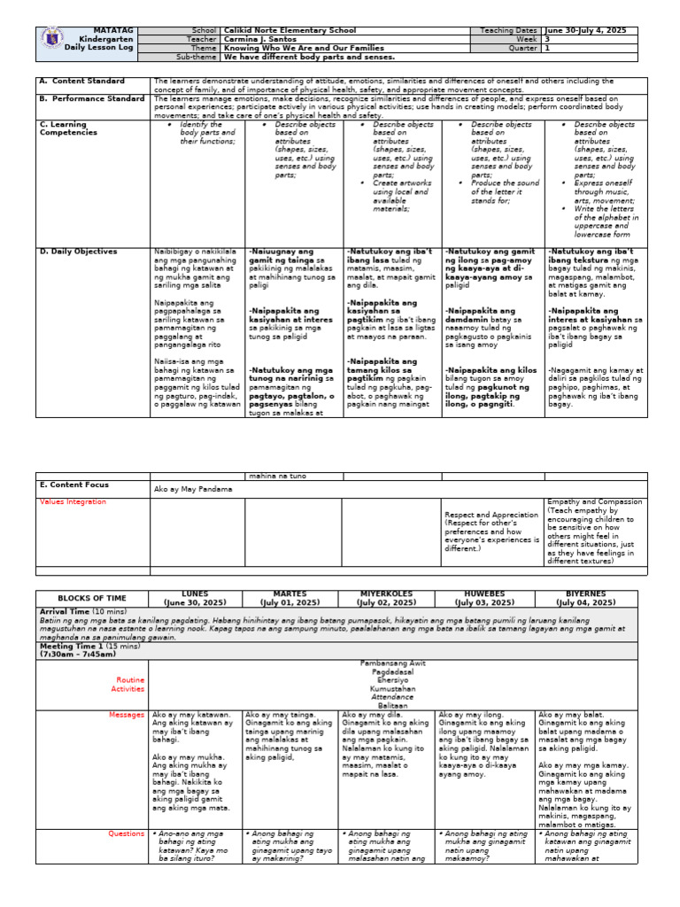 Model KINDER DLL - Quarter 1 - Week 3 | PDF
