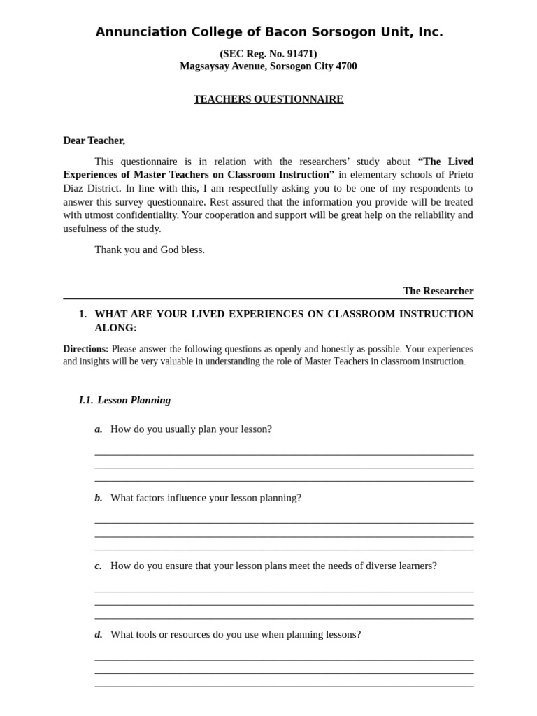 Survey Questionnaire-Checklist & Letter To SDS | PDF | Classroom ...