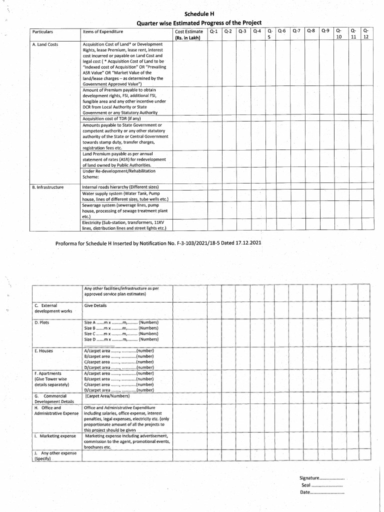 Schedule H - For Cost Estimate & Quarter Wise Estimated Progress of The ...