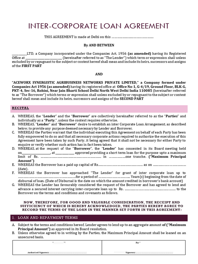 Inter-Corporate Loan Agreement Template | PDF | Loans | Interest