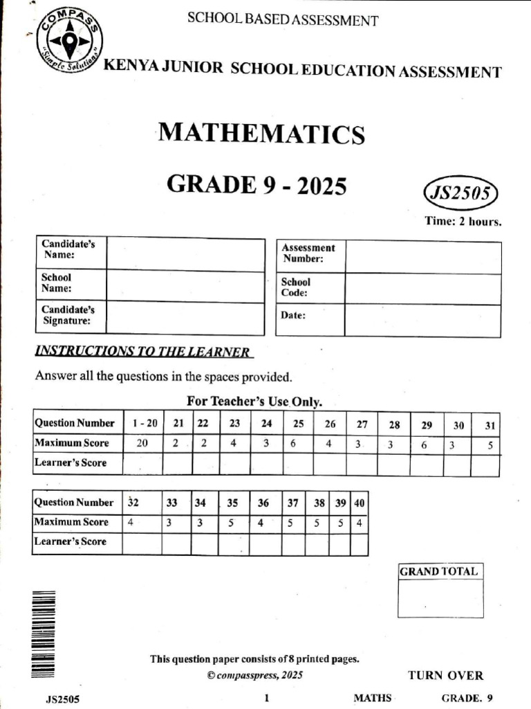Grade 9 005 Compass All Subjects With Marking Scheme PDF | PDF
