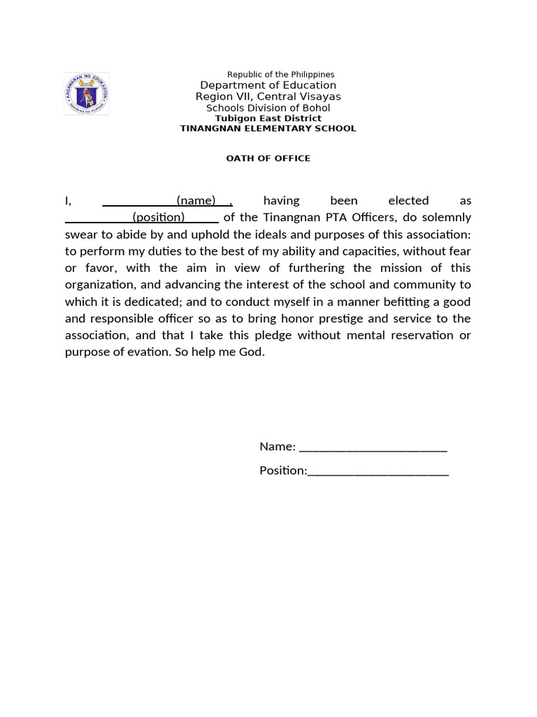 Tinangnan Elementary School PTA Oath | PDF