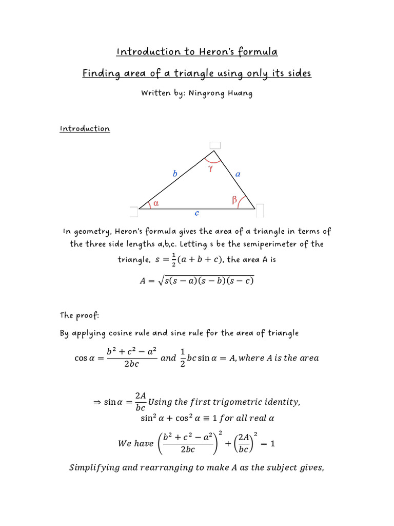 Introduction To Heron's Formula For A Triangle | PDF