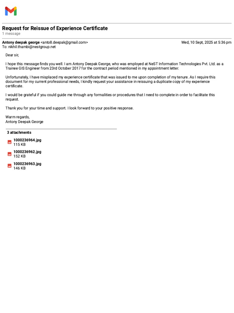 Gmail - Request For Reissue of Experience Certificate | PDF