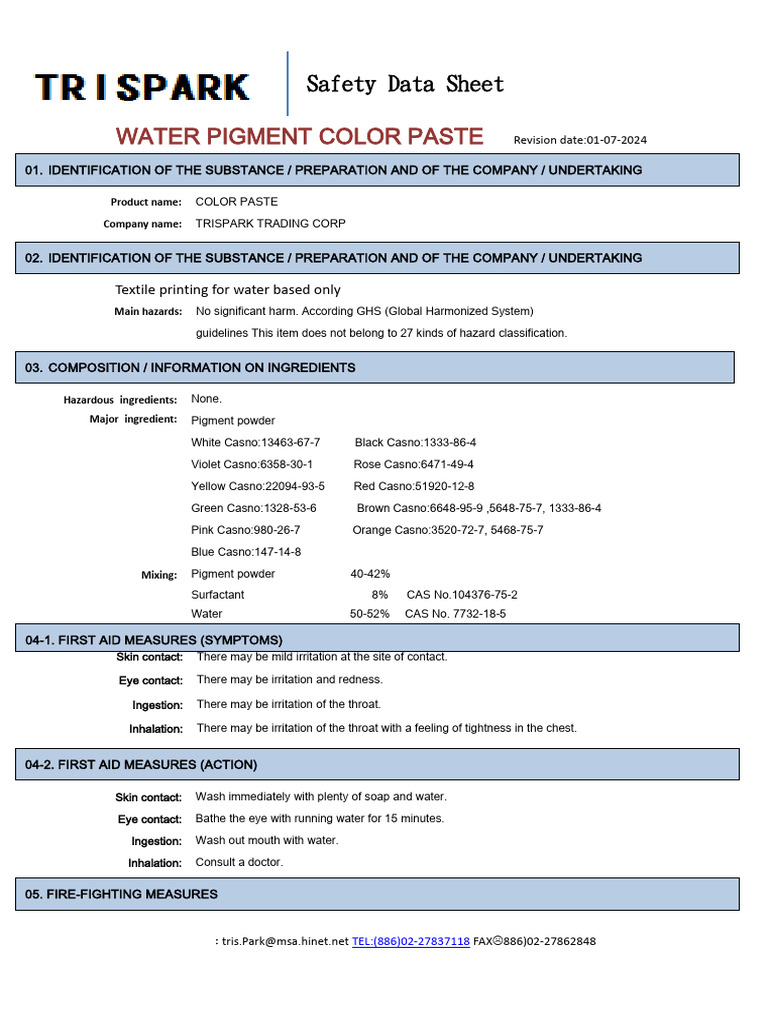 Water-Based Pigment Color Paste SDS | PDF | Personal Protective ...