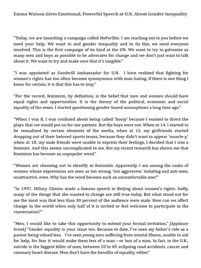 Emma Watson's U.N. Speech on Equality | PDF | Gender | Gender Studies