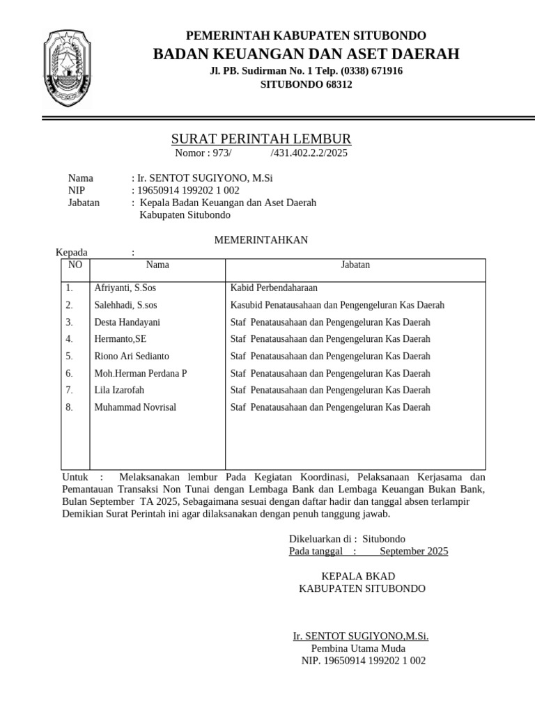 Surat Perintah Lembur Situbondo 2025 | PDF