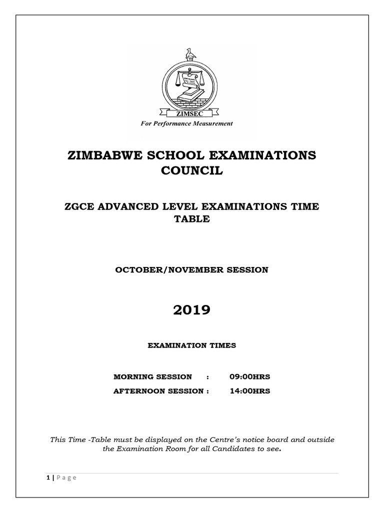 ZGCE A-Level Exam Timetable 2019 | PDF